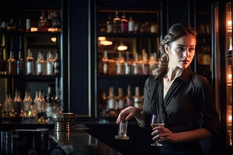 Premium Ai Image A Woman Standing Behind A Bar With A Glass Of Alcohol
