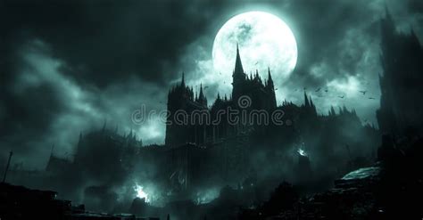 A Gothic Cathedral Looms Under A Full Moon Shrouded In Mist With Crows