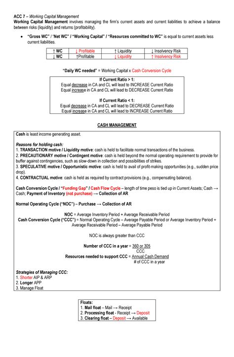 Notes In Working Capital Management Working Capital Management Involves Managing The Firm9s