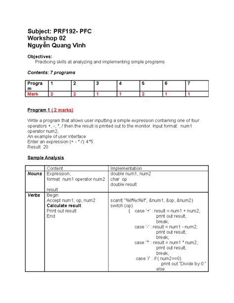 Workshop 02 Prf192 Subject Prf192 Pfc Workshop 02 Nguyễn Quang Vinh Objectives Practicing