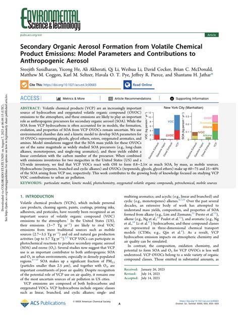 Pdf Secondary Organic Aerosol Formation From Volatile Chemical