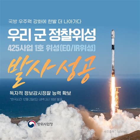 대한민국 방위사업청 우리 군 최초 정찰위성 1호기가 우리 시각으로 오늘 새벽 3시 19분경 미국