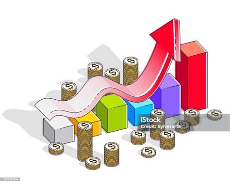 성공 및 소득 증가 개념 성장 차트 통계 바 현금 돈 스택 흰색 배경에 고립 3 차원 Isometric 비즈니스 및 금융