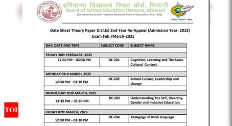 Haryana Deled 1st And 2nd Year Re Appear Exam Timetable Released Check
