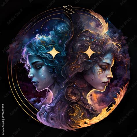 Gemini Zodiac Sign Logo As Two Beautiful Women Portraits On Dark