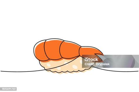 새우 Nigiri 에비 초밥 한 줄 색깔 연속 그리기 일본 요리 전통 음식 연속 한 줄 그림입니다 0명에 대한 스톡 벡터 아트