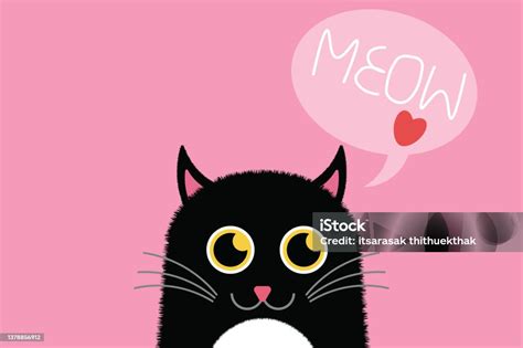 검은 고양이의 벡터 그림과 분홍색 색상 배경에 텍스트 야옹 복숭아류에 대한 스톡 벡터 아트 및 기타 이미지 복숭아류 대형