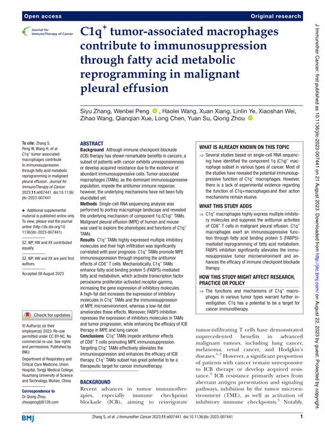 Pdf C1q Tumor Associated Macrophages Contribute To Immunosuppression Through Fatty Acid