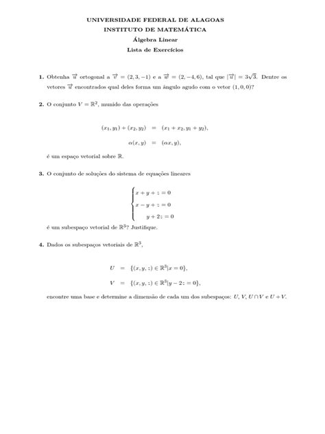 Lista De Exercícios De álgebra Linear Com Uma Variedade De Problemas