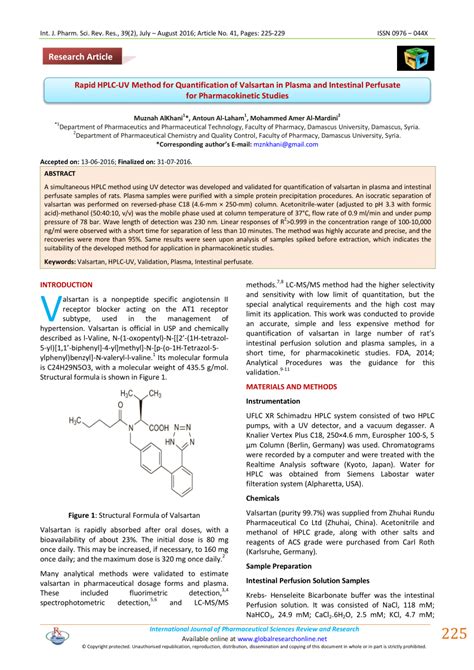 Pdf Rapid Hplc Uv Method For Quantification Of Valsartan In Plasma And Intestinal Perfusate