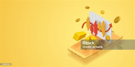 촛대 차트 그래프와 골드 바는 스마트 폰을 통해 금을 사고 파는 것입니다 증권 시장과 거래소에 대한 스톡 벡터 아트 및 기타 이미지 증권 시장과 거래소 무역 금색