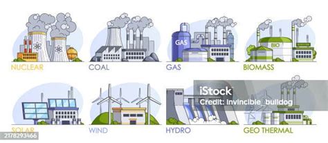 원자력 석탄 가스 바이오매스 태양열 풍력 수력 및 지열 특성과 같은 발전 기술 기체 물리 구조에 대한 스톡 벡터 아트 및 기타 이미지 기체 물리 구조 바이오매스