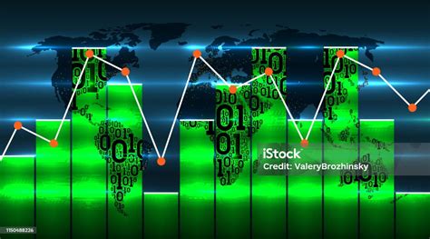 미래 디지털 글로벌 기술의 배경에 다이어그램 차트 및 그래프로 세계지도 추상 이진 코드에서 지구의 지도 벡터 인포 그래픽입니다 디지털 기술 컨셉 클라우드 서비스 사물 인터넷