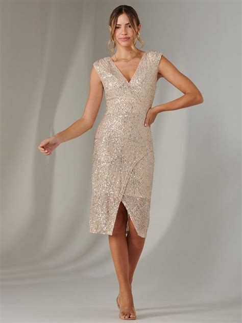 Jolie Moi Demi Sequin Wrap Bodycon Dress Beige 12