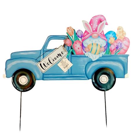Farmhouse Easter Metal Blue Truck With Knome And Eggs Yard Decor Yard Decor Colorful Decor