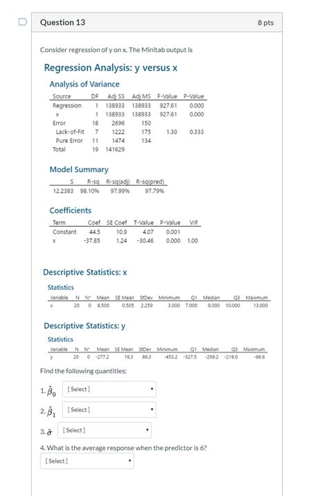 solved question 13 8 pts consider regression of yon x the