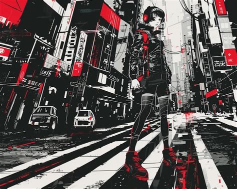 Anime Style Illustration Of A Man Standing On A Crosswalk In A City