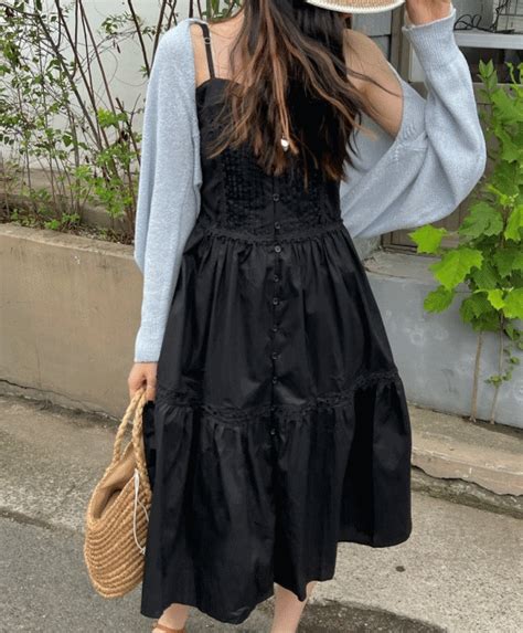 데이트 핀턱 단추 나시 뷔스티에 롱 원피스 끈조절