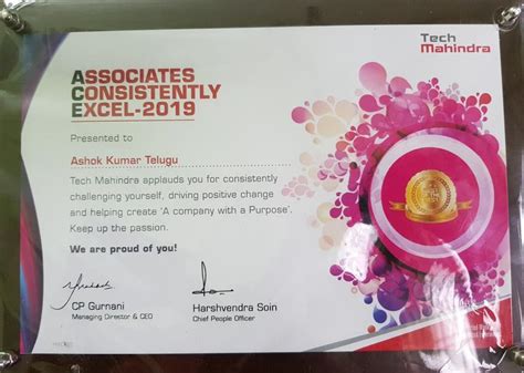 Telugu Ashok Kumar On Linkedin Techmahindra Ace Award 19 Comments