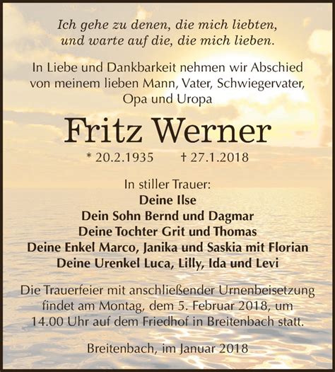 Traueranzeigen Von Fritz Werner Abschied Nehmen De