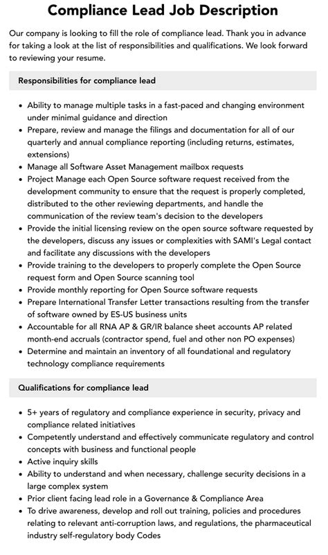 Compliance Lead Job Description Velvet Jobs