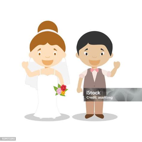 백인 신부와 동양 신랑 간의 신혼 부부는 만화 스타일 벡터 일러스트 레이 션에서 커플 결혼 의식에 대한 스톡 벡터 아트 및 기타