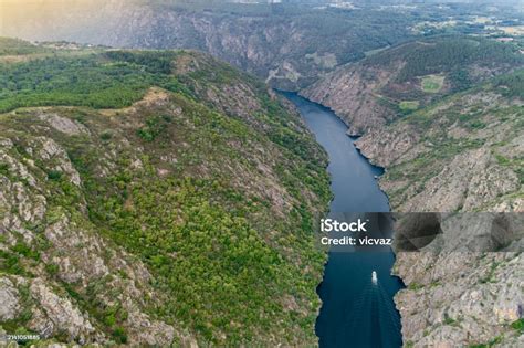 Touristic Cruise Sailing Along The Sil River Canyon Aerial View With