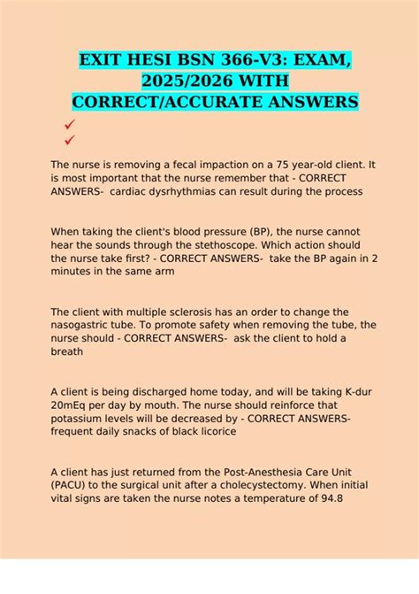 EXIT HESI BSN V EXAM WITH CORRECT ACCURATE ANSWERS EXIT HESI BSN V