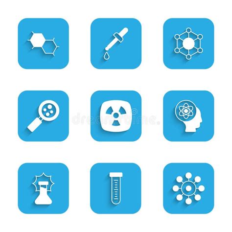 Set Radioactive Test Tube Virus Atom Explosion In The Flask Microorganisms Under Magnifier