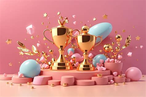 골든 컵과 함께 미니멀 3d 수상자 금색 배경에 떠다니는 물체와 함께 별 만화 스타일의 3d 터 렌더링 분홍색 파스텔