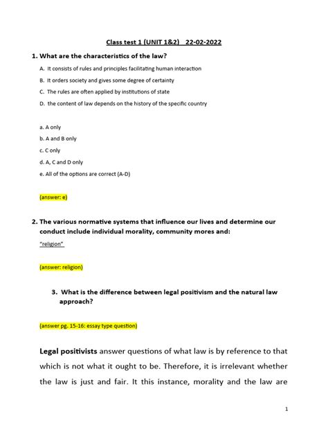 Class Test 1 Unit 1and2 Memo Pdf Morality Natural Law
