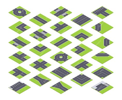 아이소메트릭 도시 도로 생성자 도시 아스팔트 도로 타일 거리 도로 및 교차로 트위스트 및 트래픽 서클 3d 벡터 그림 흰색 배경 설정 프리미엄 벡터