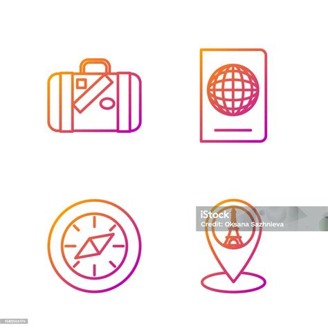 에펠탑 나침반 여행 및 스티커용 여행 가방 생체 인식 데이터가 있는 여권으로 선 지도 포인터를 설정합니다 그라데이션 색상 아이콘입니다 벡터 가방에 대한 스톡 벡터 아트 및