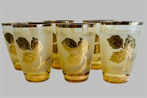 Six Gold Leaf Frosted Glasses Matador Vintage