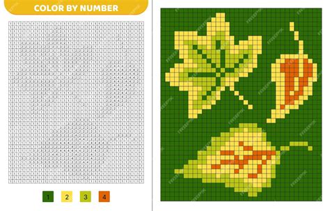 3개의 가을 낙엽 숫자별 색상 픽셀 색칠책 번호가 매겨진 사각형 어린이를 위한 게임 픽셀 아트 격리된 벡터 그림 Eps 10 프리미엄 벡터