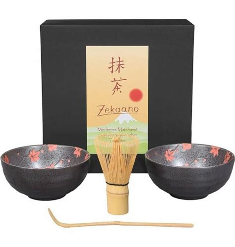 말차 그릇 4개 세트 꽃 디자인의 무연탄빨간색 250ml 우아한 선물 상자에 담긴 말차 스푼 및 말차 브러 티몬