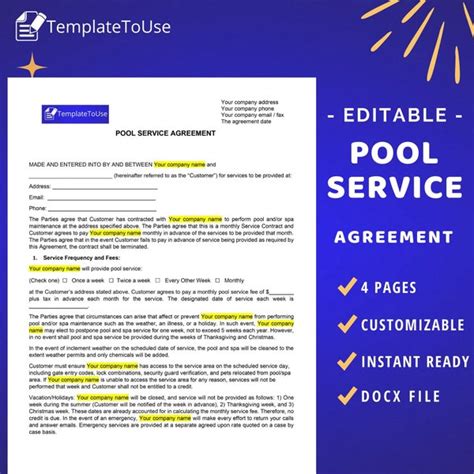 Swimming Pool Contract Template Etsy Israel