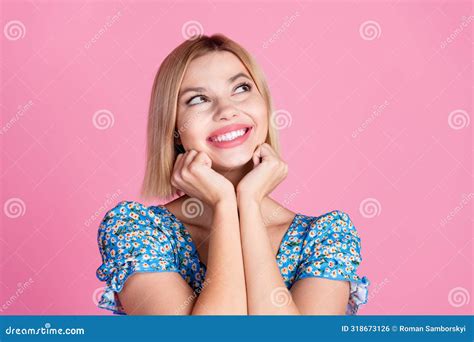 Photo Of Pretty Young Girl Look Empty Space Imagine Wear Top Isolated