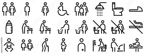 Toilet Line Icon Set Wc Outline Sign Man Woman Shower Symbol