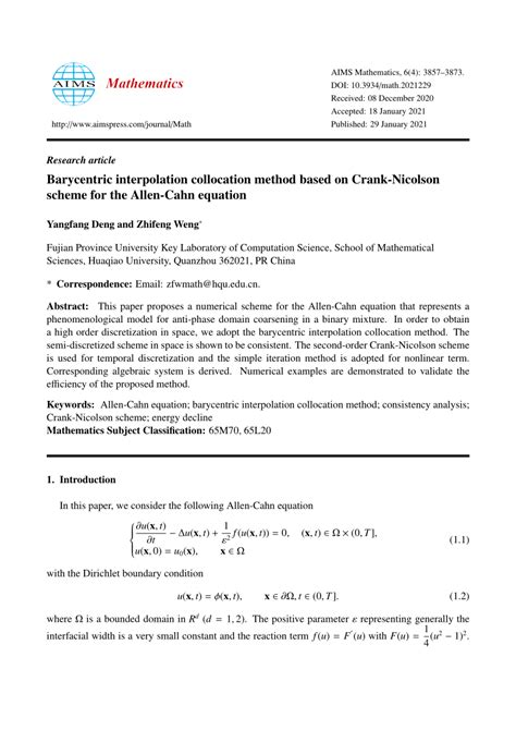 Pdf Barycentric Interpolation Collocation Method Based On Crank Nicolson Scheme For The Allen
