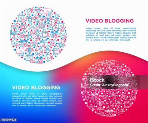 동영상 블로그 Asmr 무방 언박싱 Diy 스트림 게임 리뷰 협업 팟 캐스트 팁과 트릭 얇은 라인 아이콘원에 원형 비디오 블로깅 개념 벡터 일러스트레이션 인쇄 미디어 템플릿