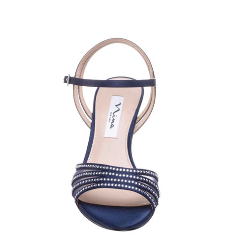 Womens Nathyn New Navy Satin W Crystals Mid Heel Sandal Nina Shoes