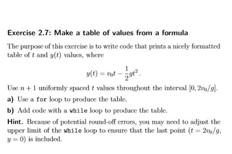 Solved Exercise Make A Table Of Values From A Formula Chegg Com