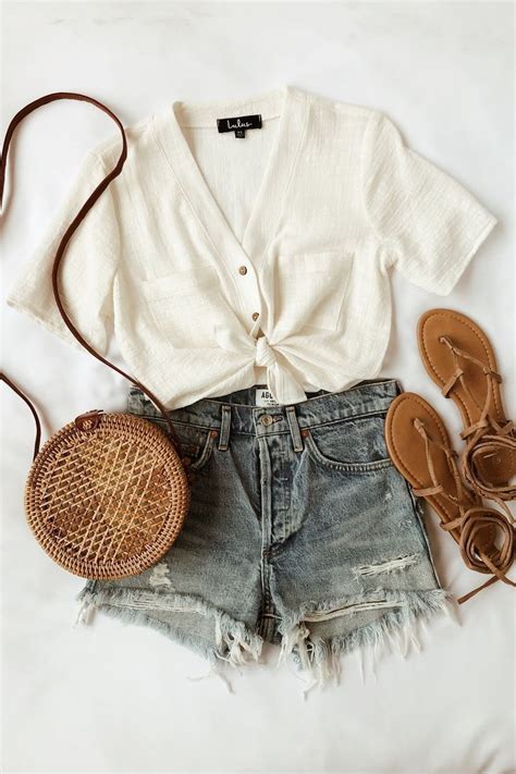 Lift My Spirits White Button Up Crop Top Summer Trends Outfits