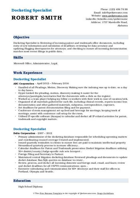 Docketing Specialist Resume Samples Qwikresume