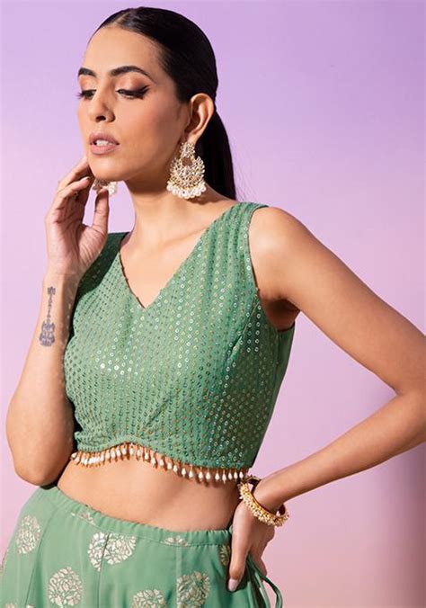 Buy Women Light Green Sequin Embellished Fringe Crop Top Itp01142