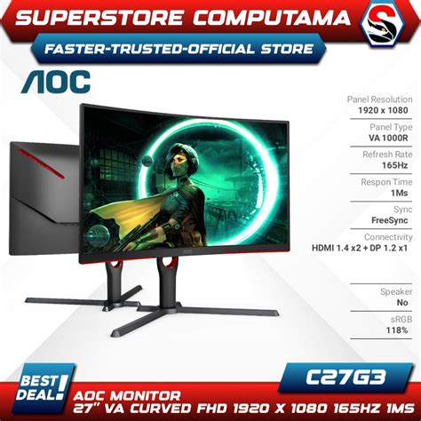 Jual Monitor Led Aoc C27g3 27 Va Curved Fhd 1000r 1080p 165hz 1ms Hdmi