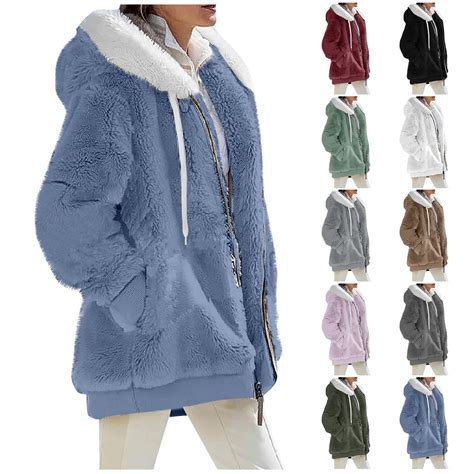 Sksloeg Womens Sherpa Fleece Hooded Coats Long Sleeve Lapel Collar