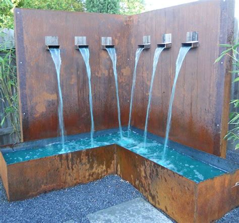L Shape Water Feature Made From Rusted Sheet Metal With Custom Made Water Spouts Diy Water