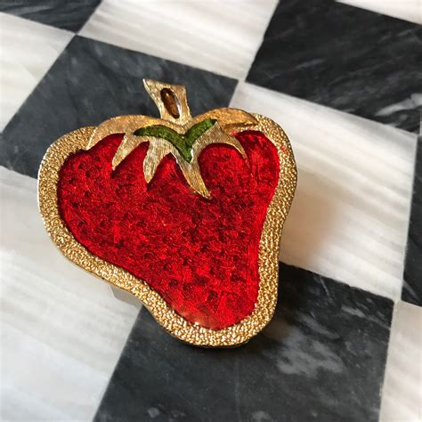 Sassy Vintage Kitsch Poured Stained Resin On Goldtone And Red Strawberry